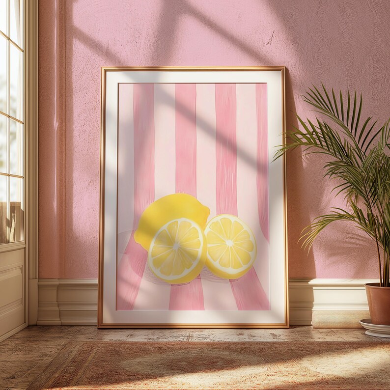 Lemon Wall Art: Pink Stripe, Beachy Kitchen Decor (digital Download) - Etsy