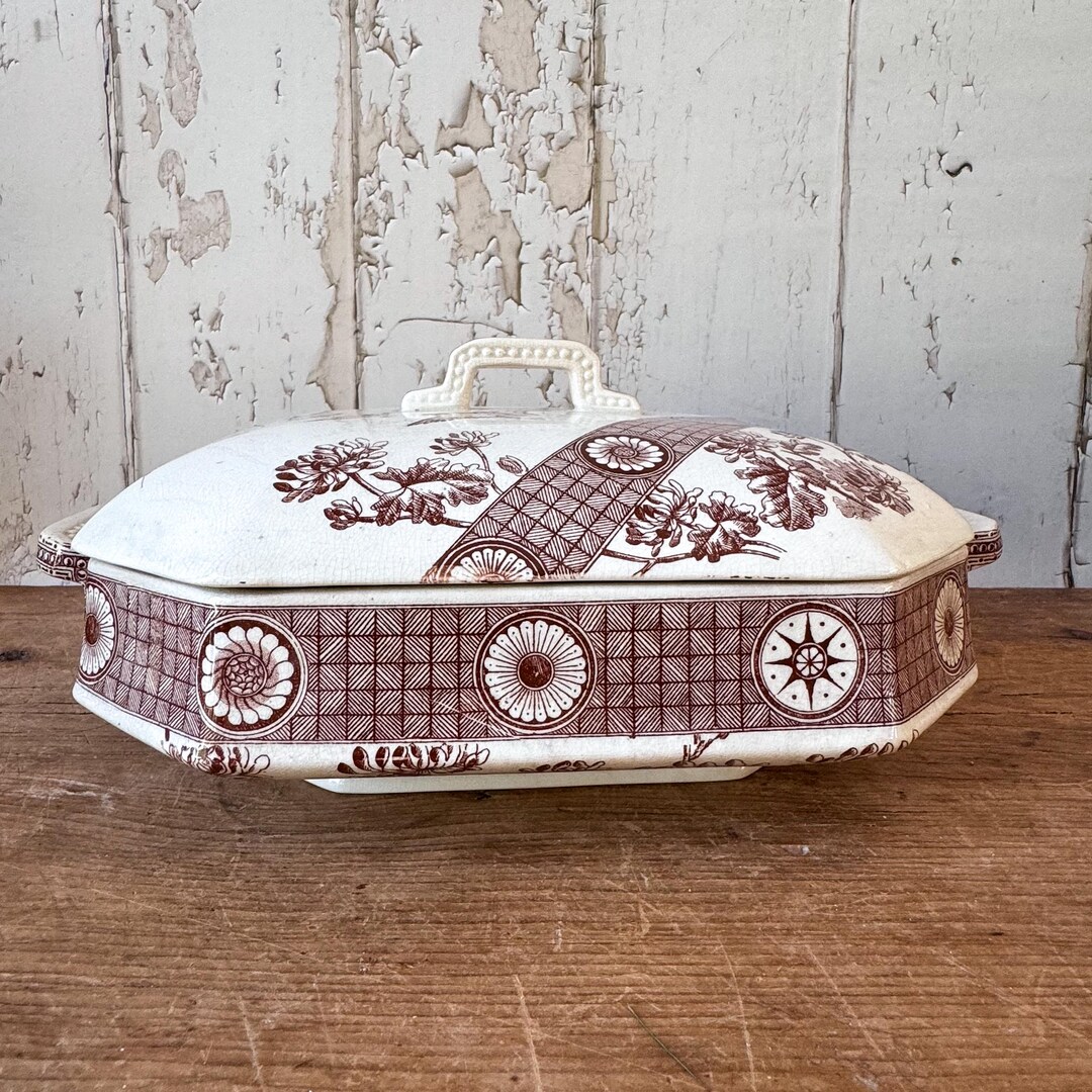 Stained and Crazed Antique Covered Dish With Brown Transferware (birds ...