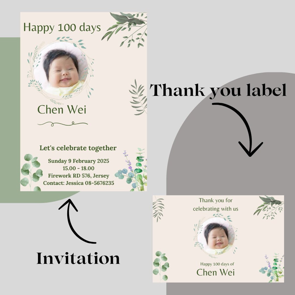 100 Days Invitation Party and Thank You Label, Eucalyptus Boy or Girl ...