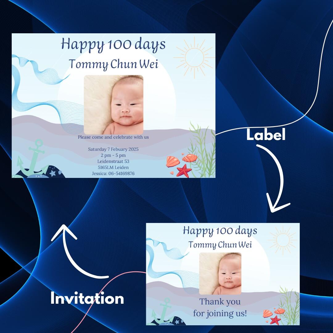 100 Days Invitation Party and Thank You Label, Ocean Blue. Digital ...