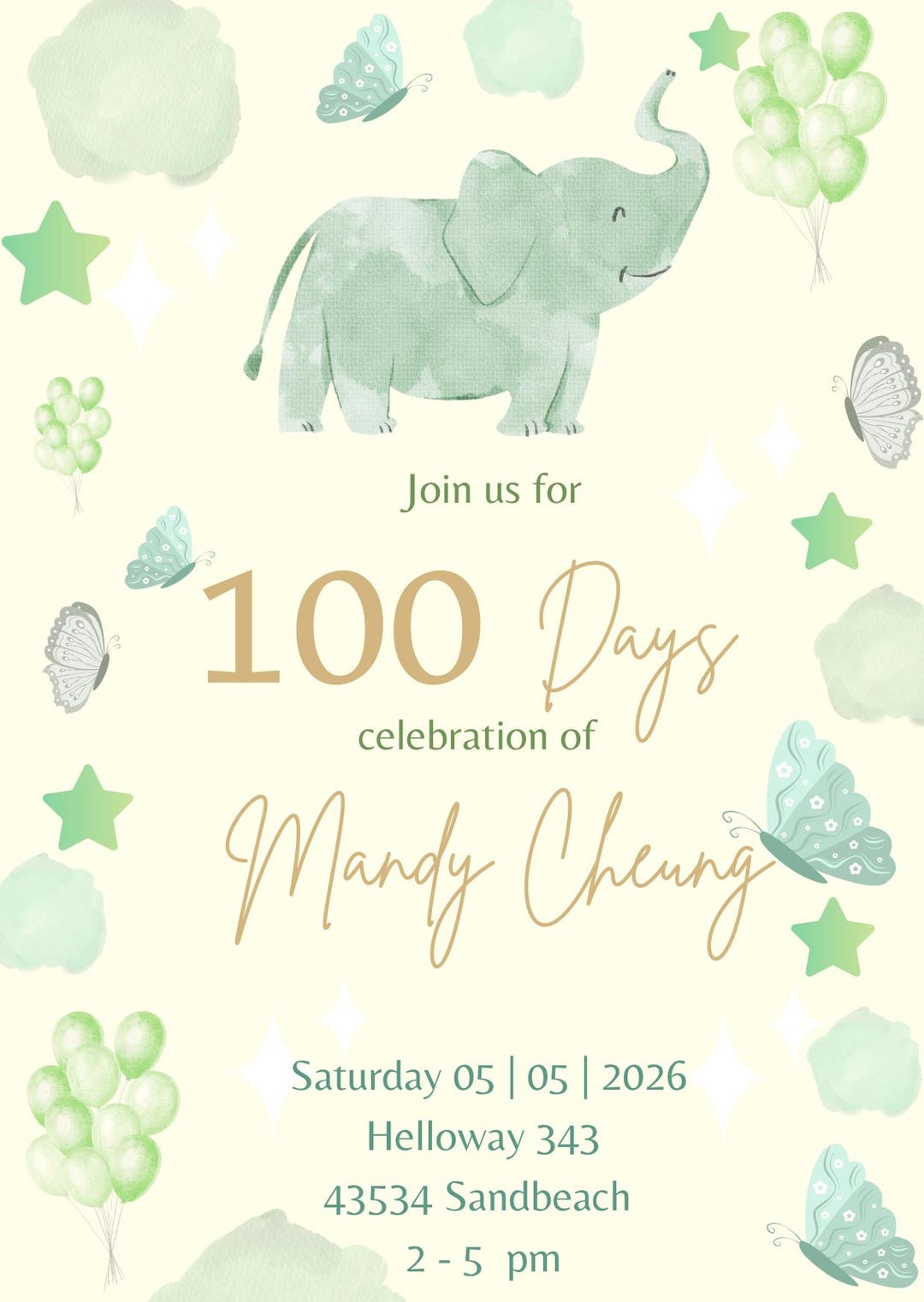 Cute Elephant 100 Days Invitation – Editable Canva Template for Chinese ...