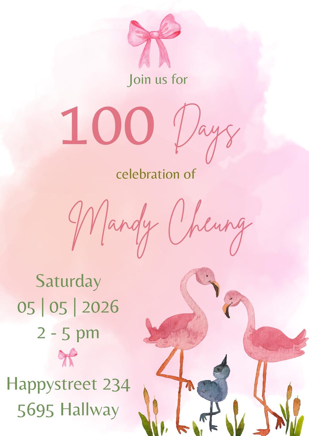 Cute Flamingo 100 Days Invitation – Editable Canva Template for Chinese ...