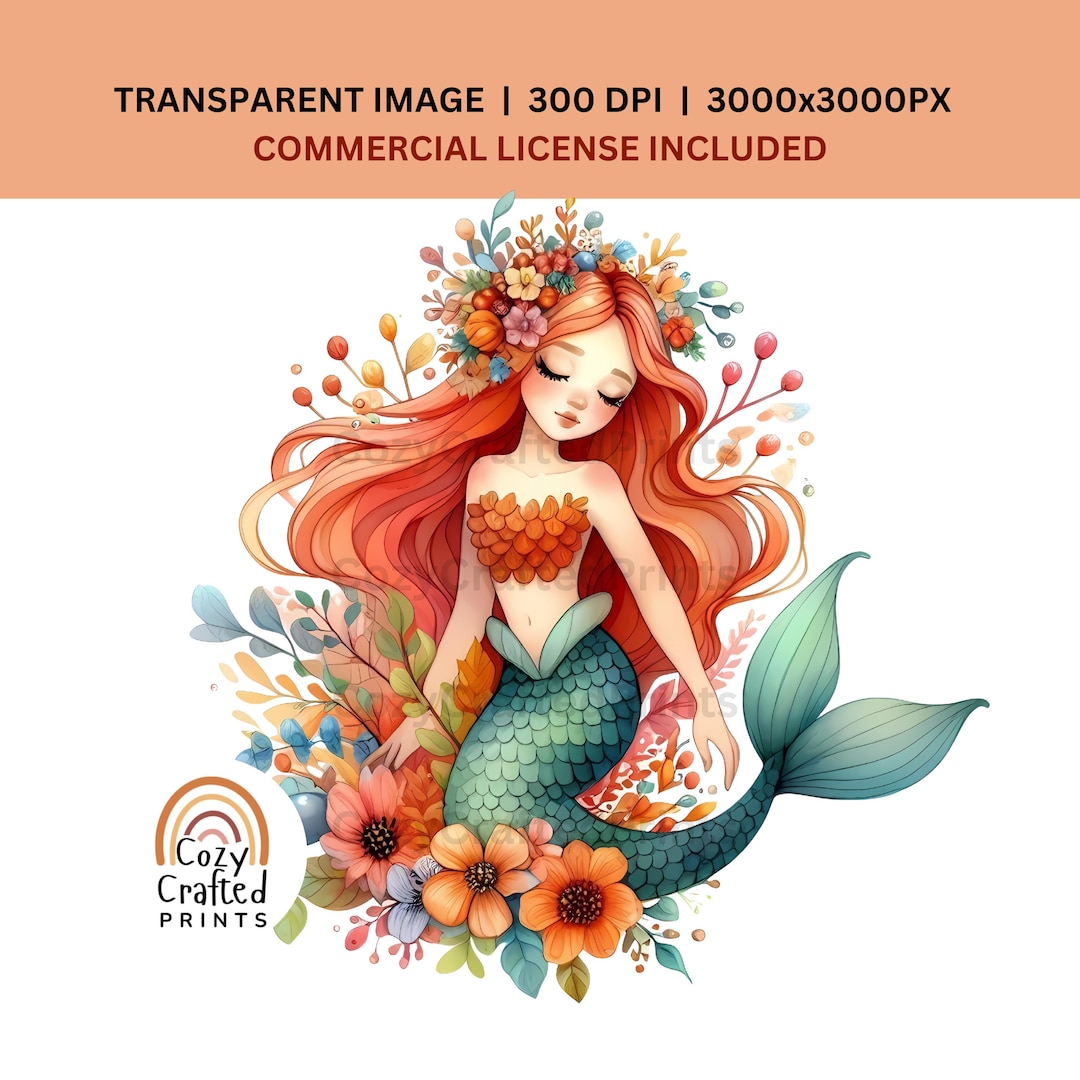 Watercolor Mermaid Clipart, Cute Mermaid Clipart, Fall Mermaid Png ...