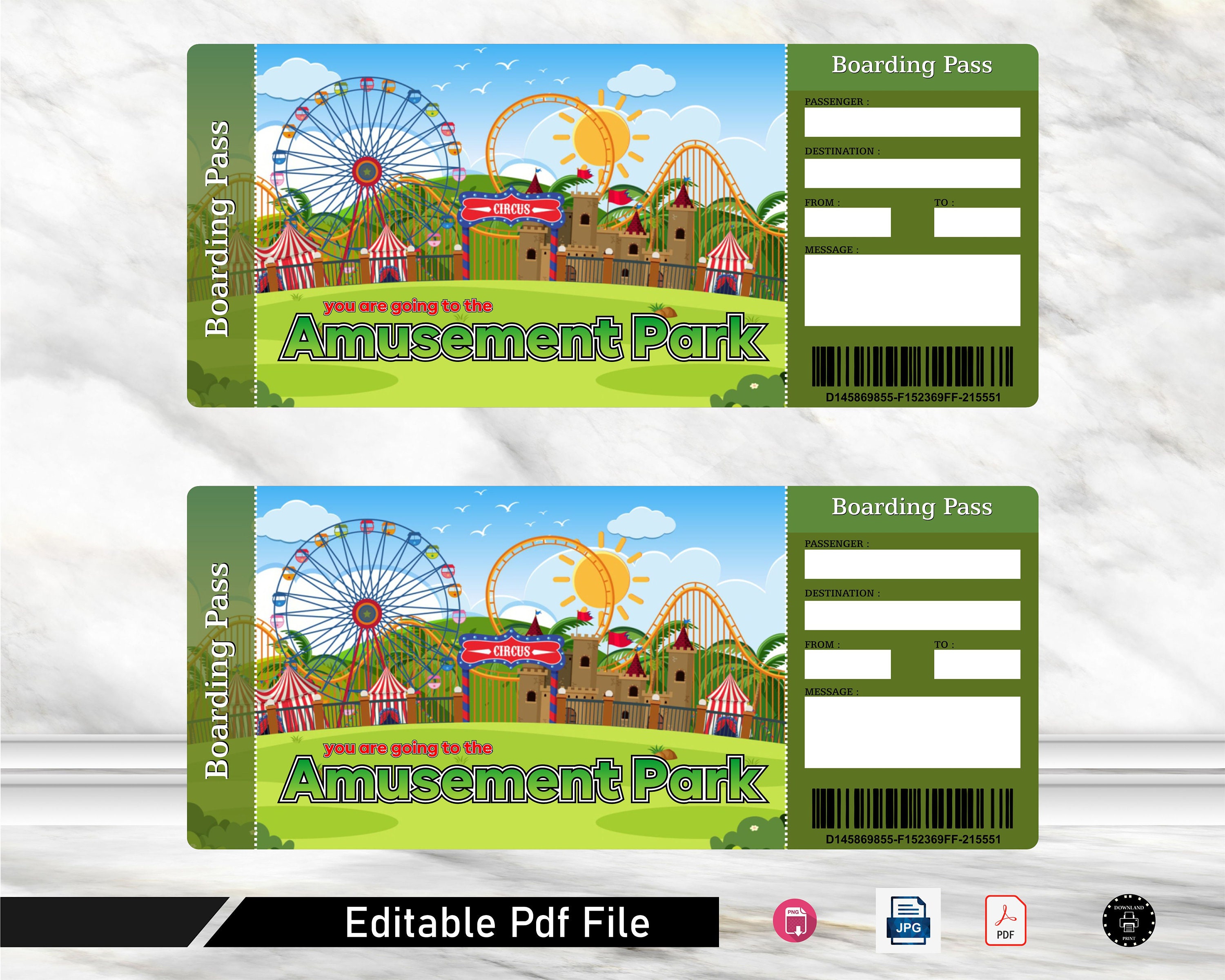 Printable AMUSEMENT PARK Surprise Reveal Ticket, Gift Voucher, Editable ...