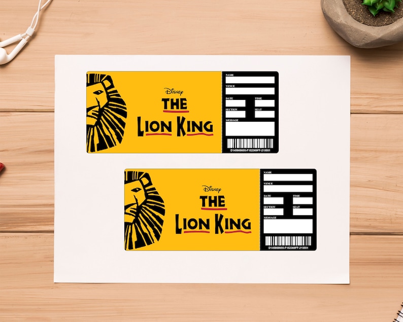 Printable LION KING Broadway Surprise Ticket. Editable Musical Theatre ...