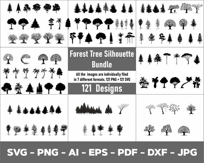 Paquete SVG de silueta de árbol Paquete de vectores de bosque Árboles ...