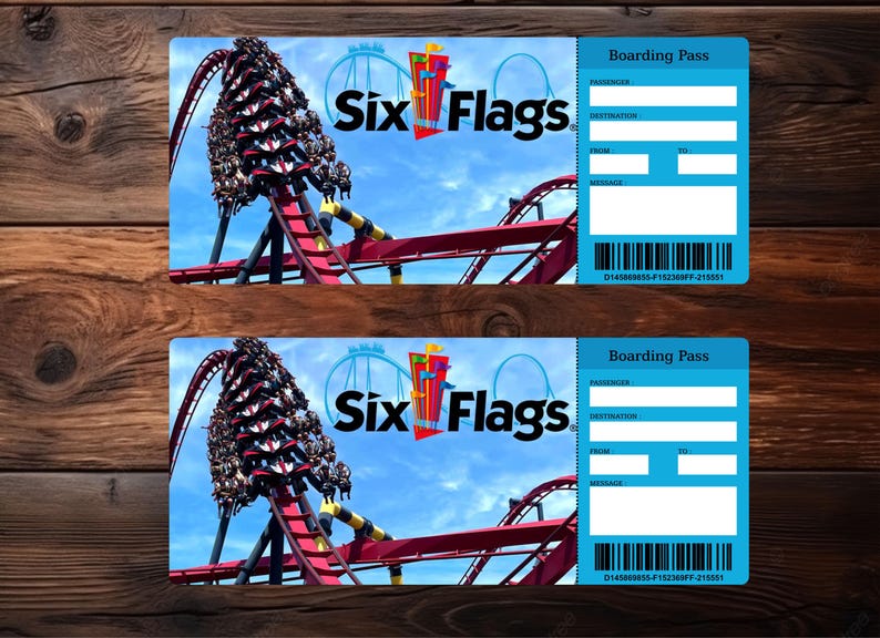 Printable SIX FLAGS Surprise Gift Ticket. Boarding Pass. Trip Ticket ...