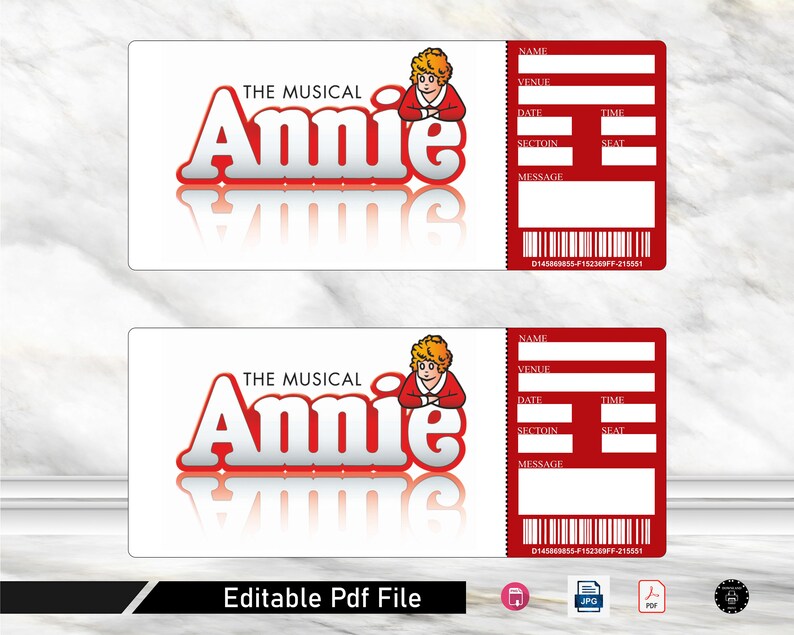 Printable ANNIE Broadway Surprise Ticket. Editable Musical Theatre Faux ...