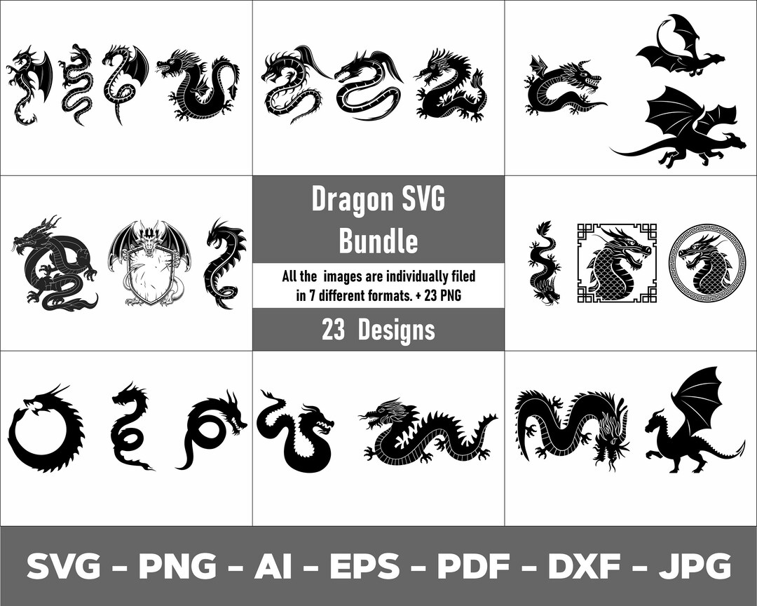 Dragon SVG Bundle, Dragonl Png, Jpg, Eps, Dxf Bundle Silhouette Cricut ...