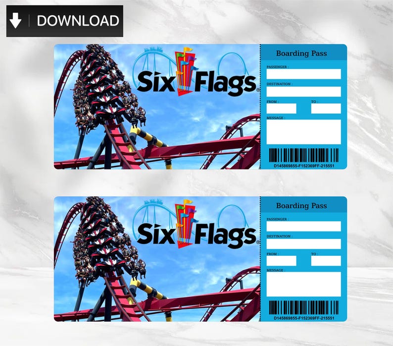 Printable SIX FLAGS Surprise Gift Ticket. Boarding Pass. Trip Ticket ...