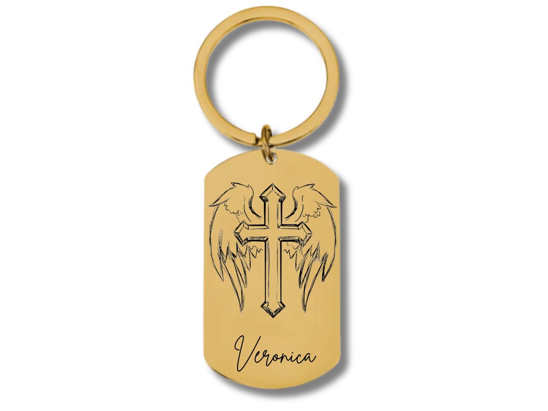Jesus, Cross Angel Wings, Stainless Steel Rectangular Keychain ...