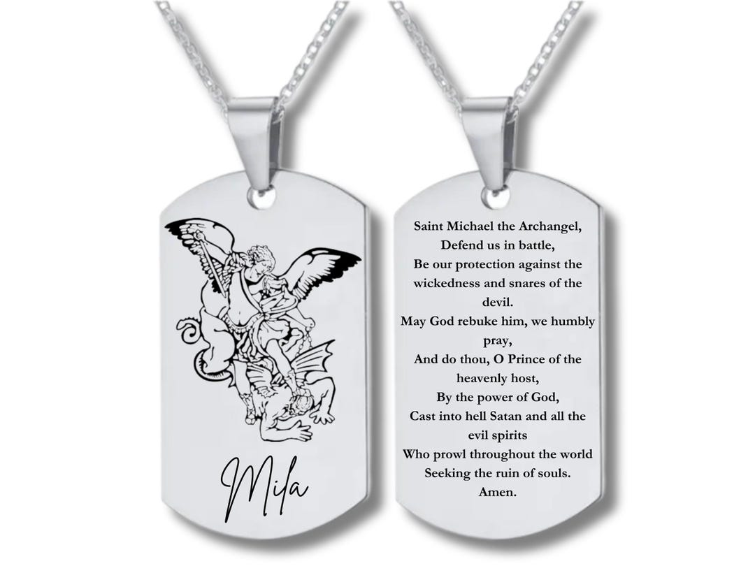 Saint Michael With Prayer, Stainless Steel Engraved Necklace ...