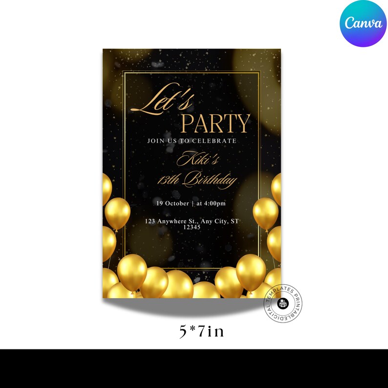 Black and Gold Gala Birthday Invitation Template | Customizable Digital ...
