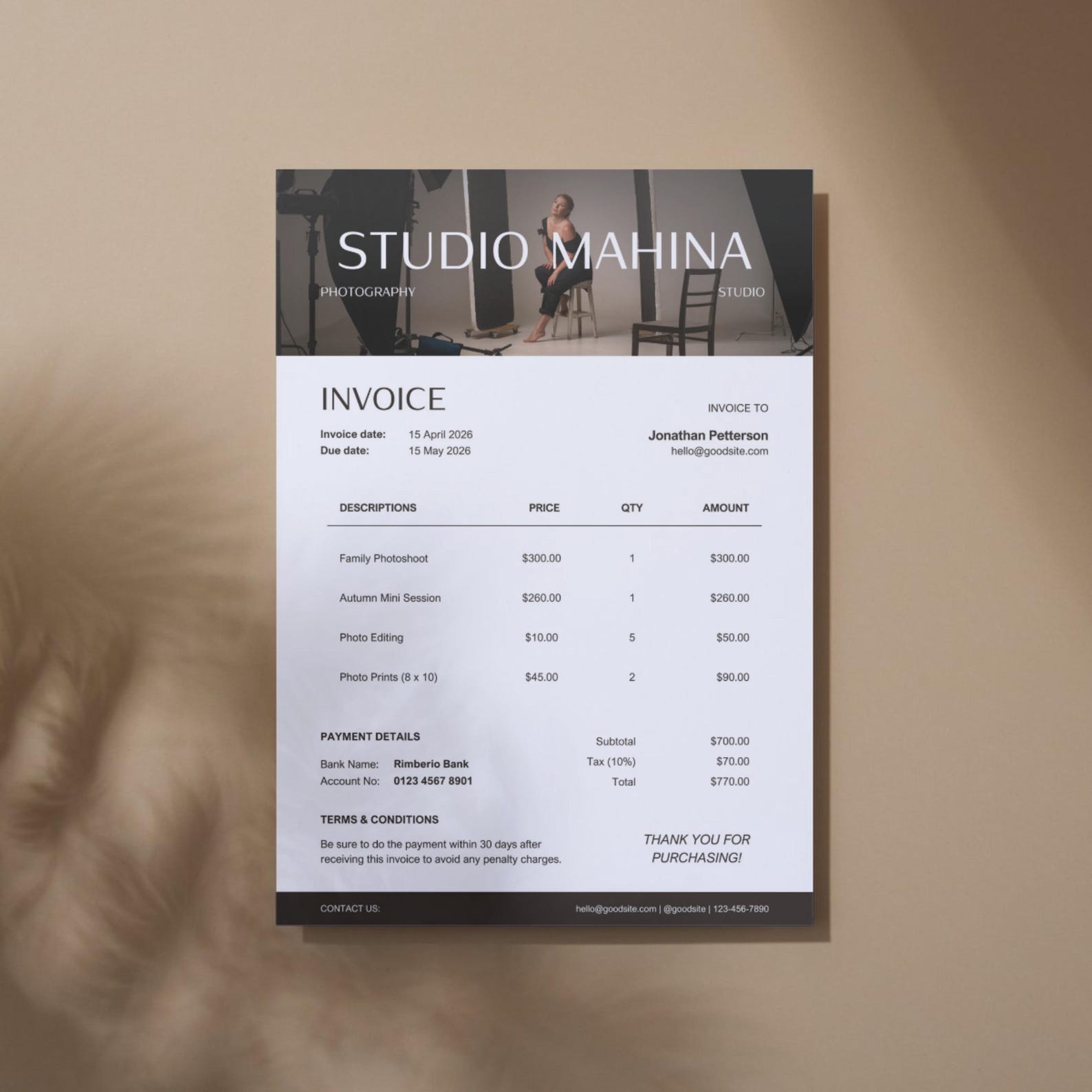 Invoice Template - Minimalist Studio Invoice, Small Business Template ...