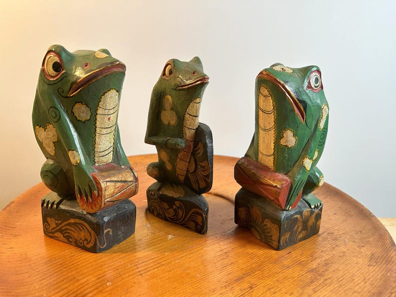 Mid-century Indonesian Bali Carved Wood Musical Frog Figurines (set of ...
