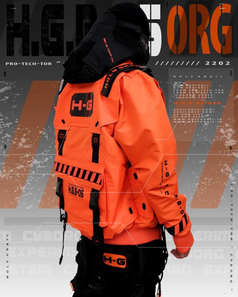 Holygrail Men's Techwear Cyberpunk Cybernetic ORANGE Jacket Hoodie Full ...