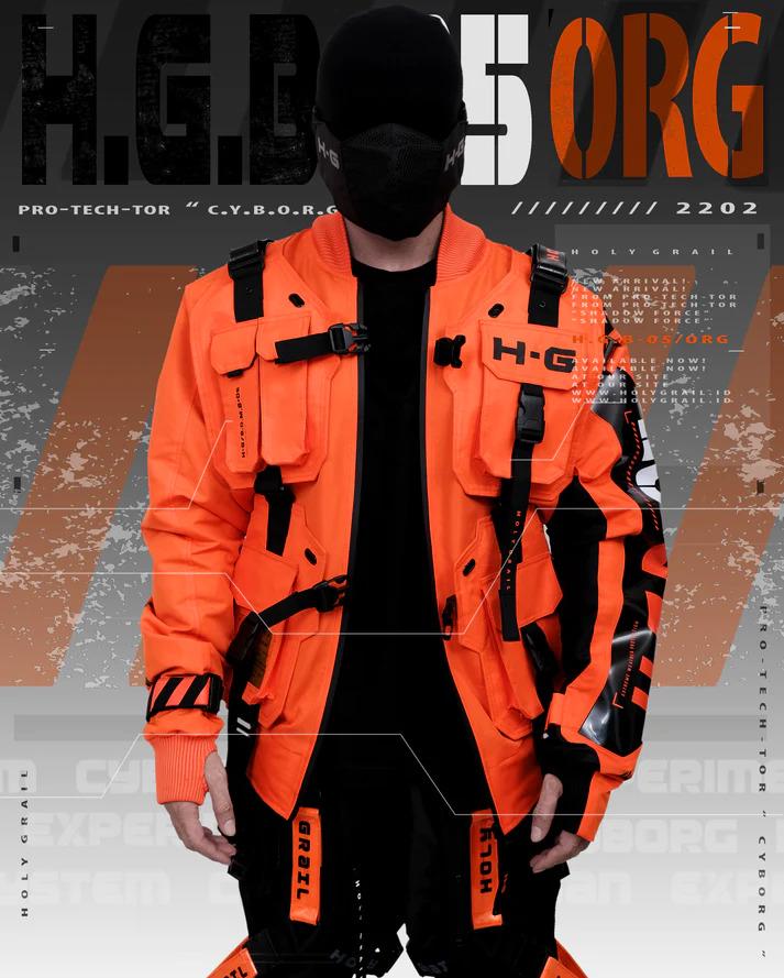 Holygrail Men's Techwear Cyberpunk Cybernetic ORANGE Jacket Hoodie Full ...