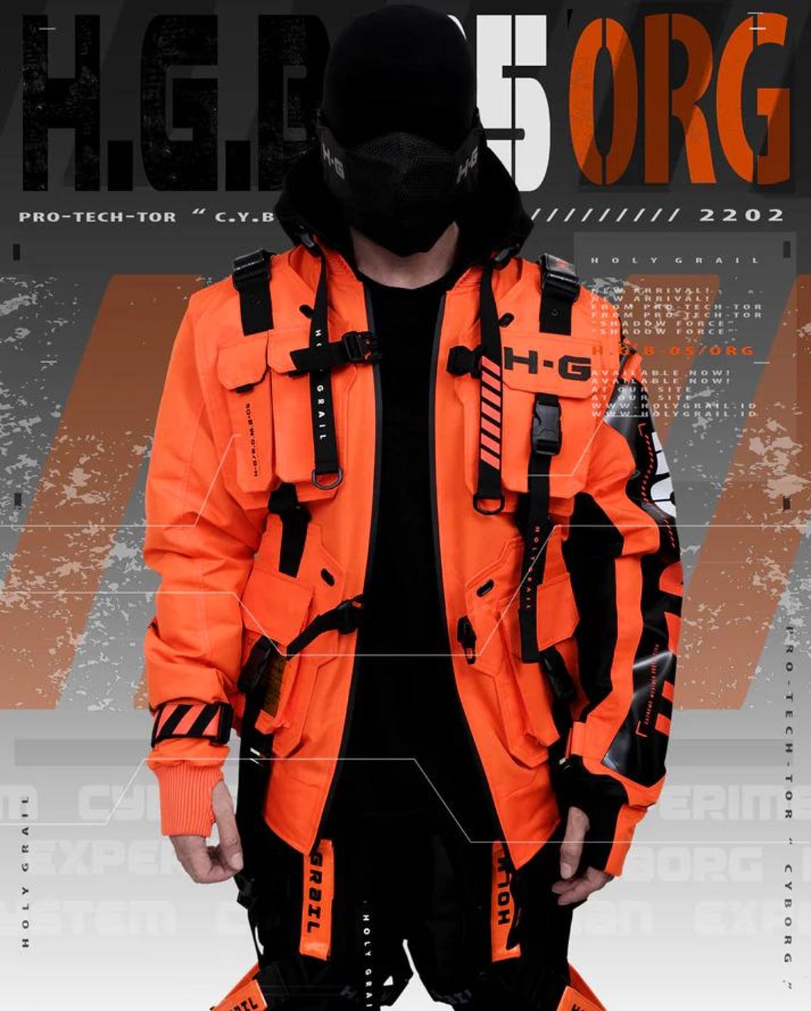 Holygrail Men's Techwear Cyberpunk Cybernetic ORANGE Jacket Hoodie Full ...