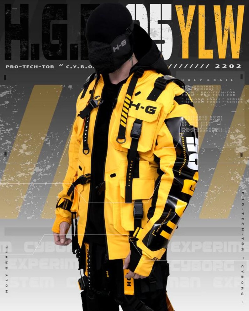 Holygrail Men's Techwear Cyberpunk Cybernetic ORANGE Jacket Hoodie Full ...
