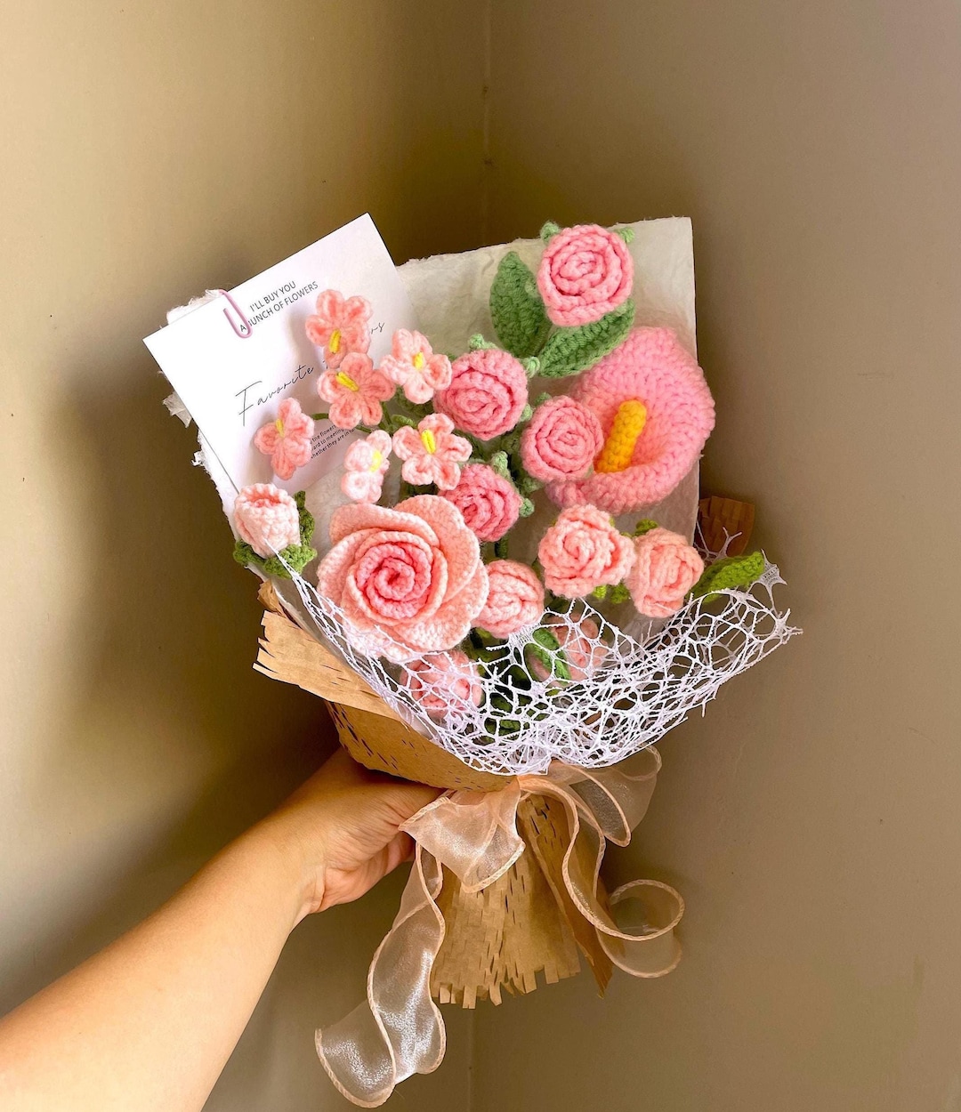 Cute Pink Rose Crochet Flower Bouquet|love Gift Flower for Anniversary ...