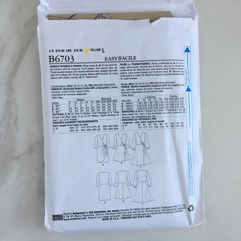 Womens Easy Wrap Dress Sewing Pattern, Butterick B6703 for Stretch ...