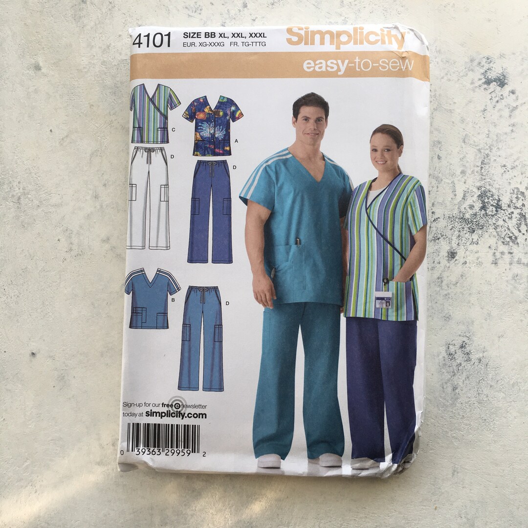 Scrub Top + Pants Sewing Pattern for Women + Men, Simplicity 4101, Easy ...