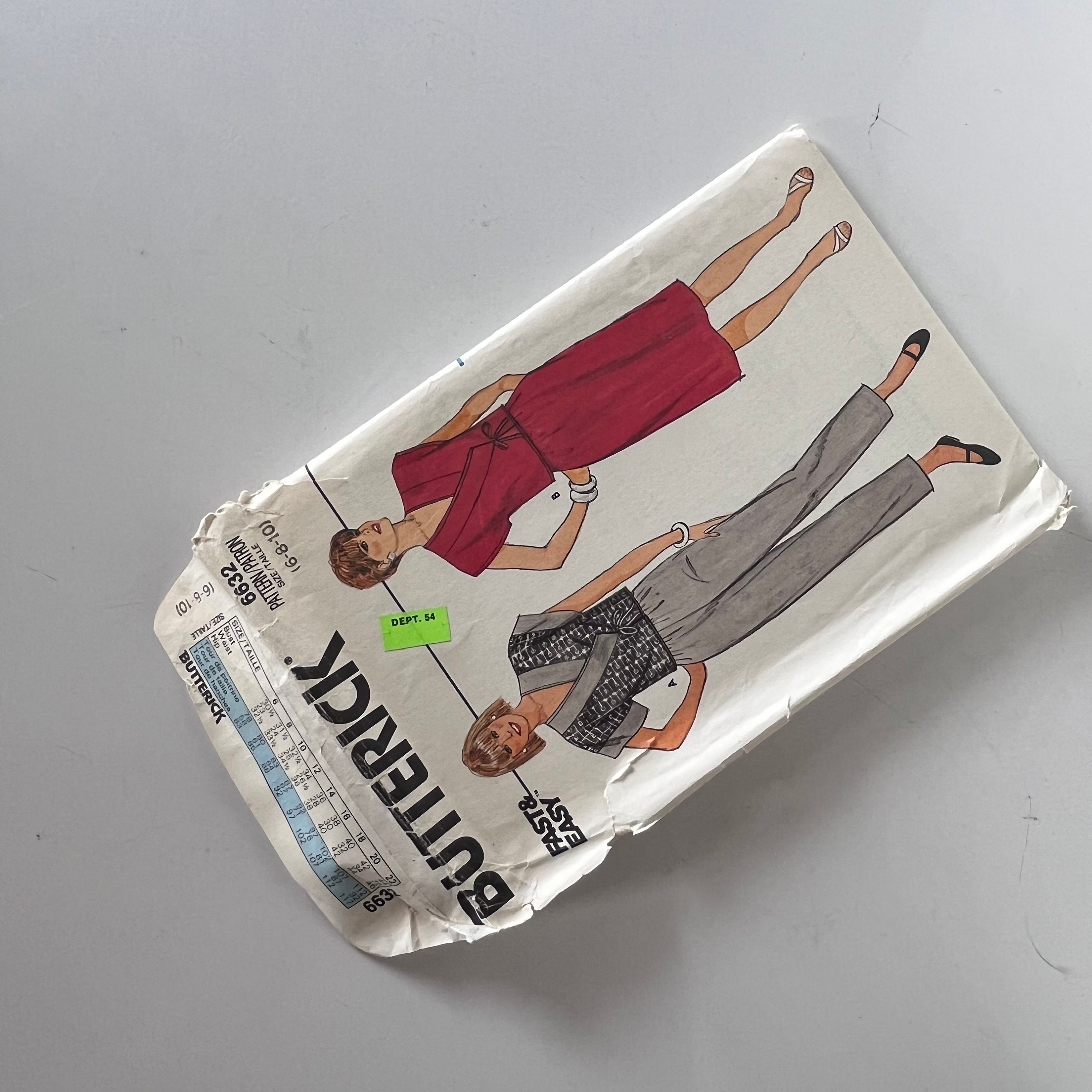 Vintage Butterick 6632 Sewing Pattern, Loose Fitting Wrap Top, Straight ...