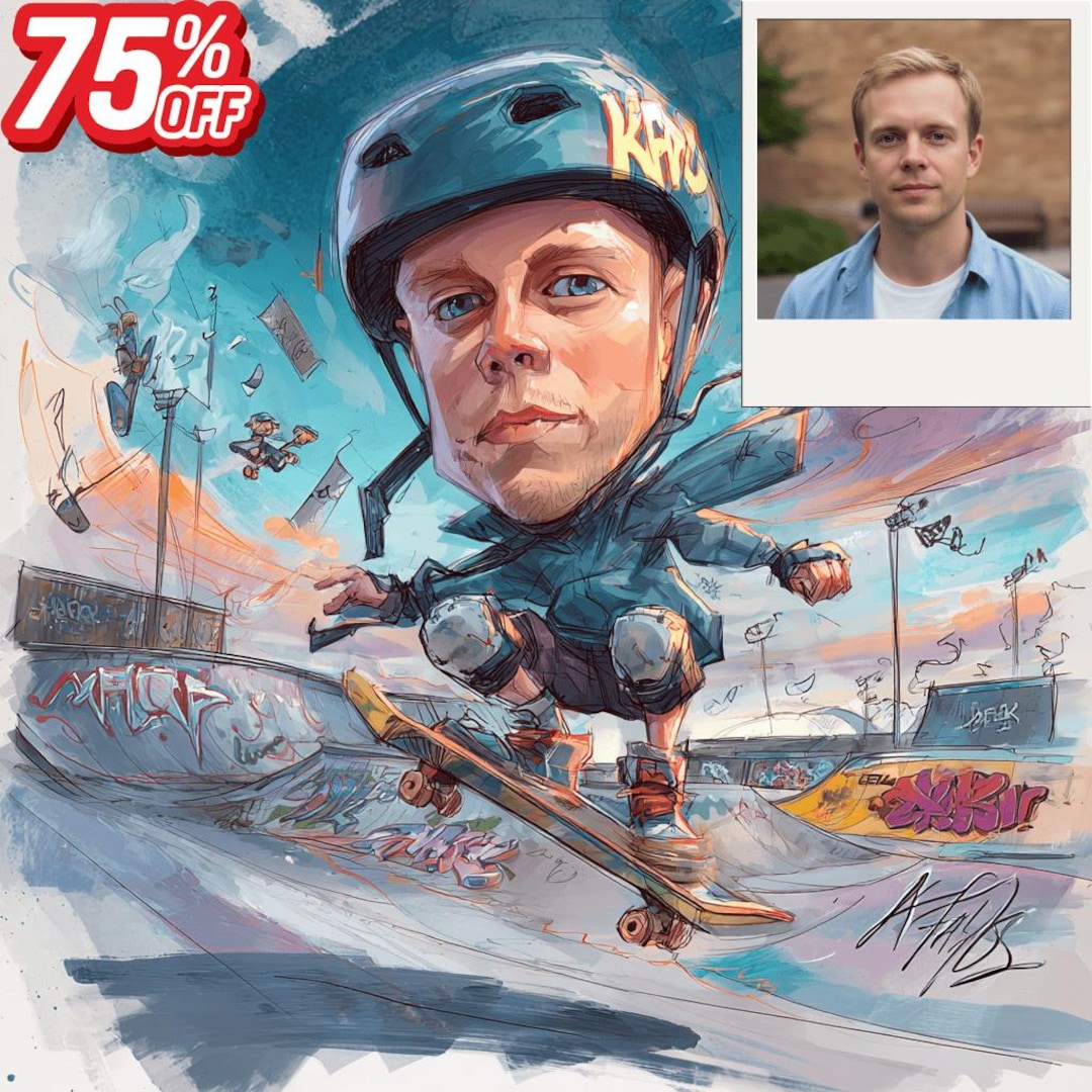 Custom Skateboarder Caricature Portrait Funny Skater Wall Art Oversized ...