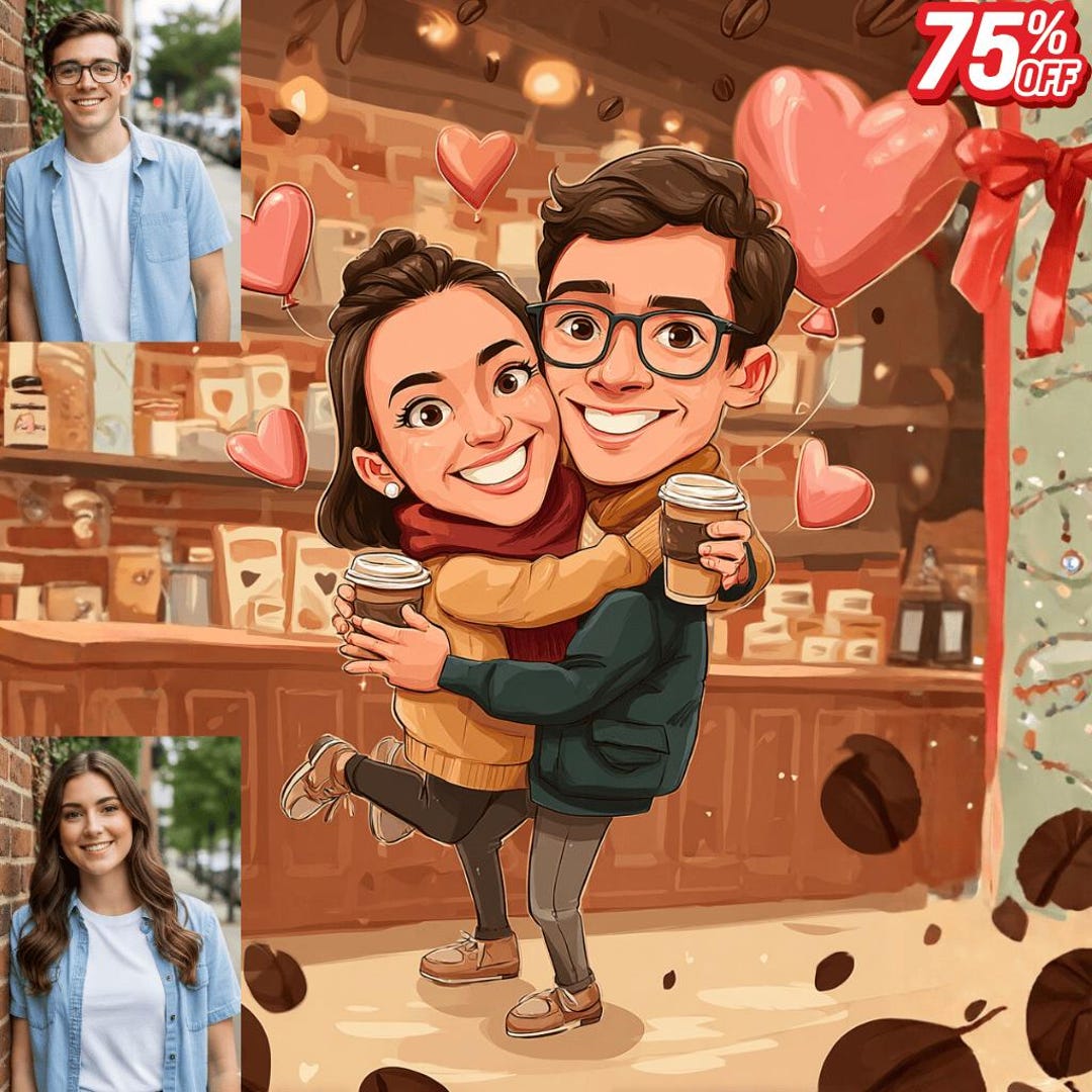Custom Couple Caricature Portrait Coffee Shop Cafe Wall Art Hipster ...