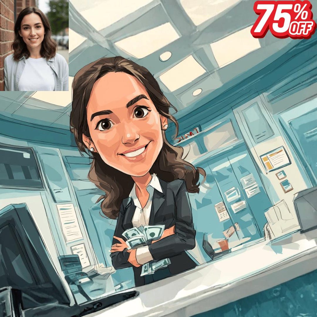 Custom Bank Teller Caricature Portrait Wall Art Funny Banking ...
