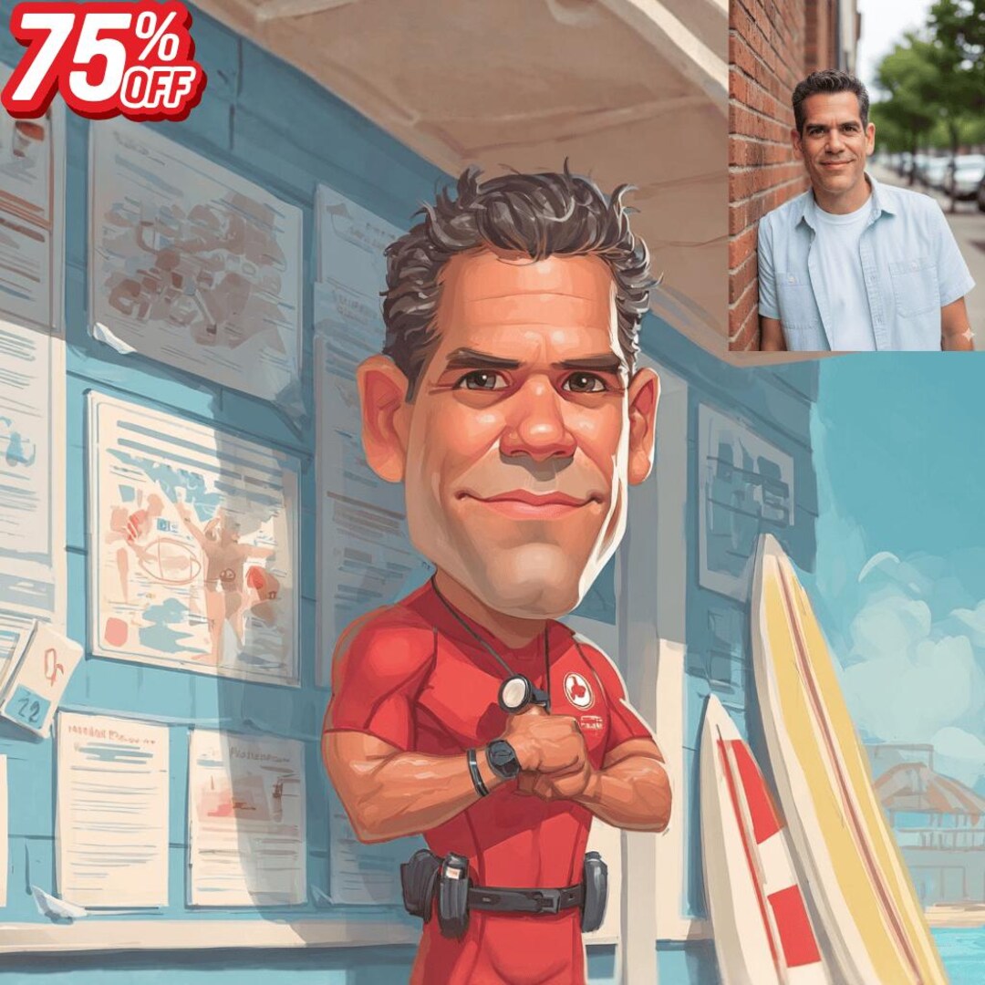 Custom Lifeguard Caricature Portrait Funny Beach Rescue Professional ...