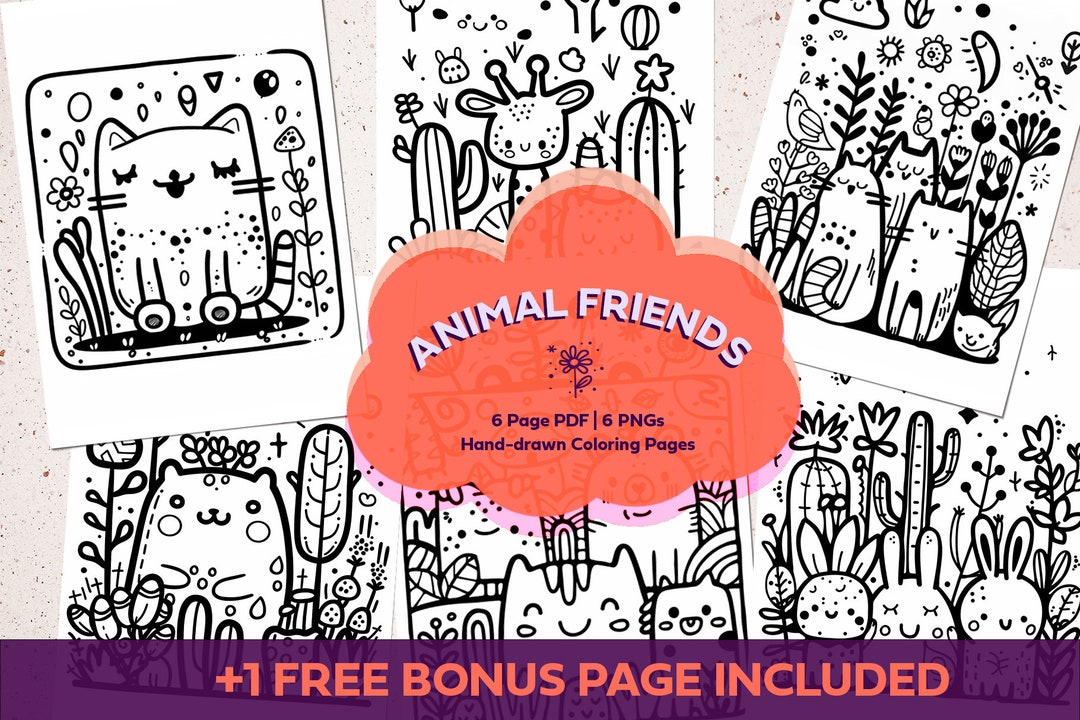 Animalfriends: 6 Easy Coloring Pages Cute Characters for Kids Digital ...