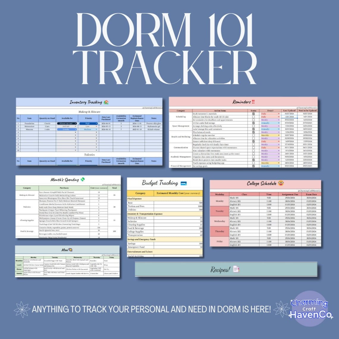 Dorm 101 Tracker Spreadsheet for Microsoft Excel and Google Sheets ...