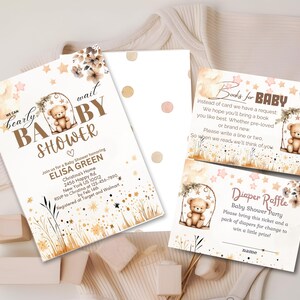 Boho Floral Teddy Bear Baby Shower Invitation, Editable Canva Template ...