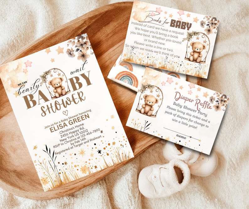 Boho Floral Teddy Bear Baby Shower Invitation, Editable Canva Template ...