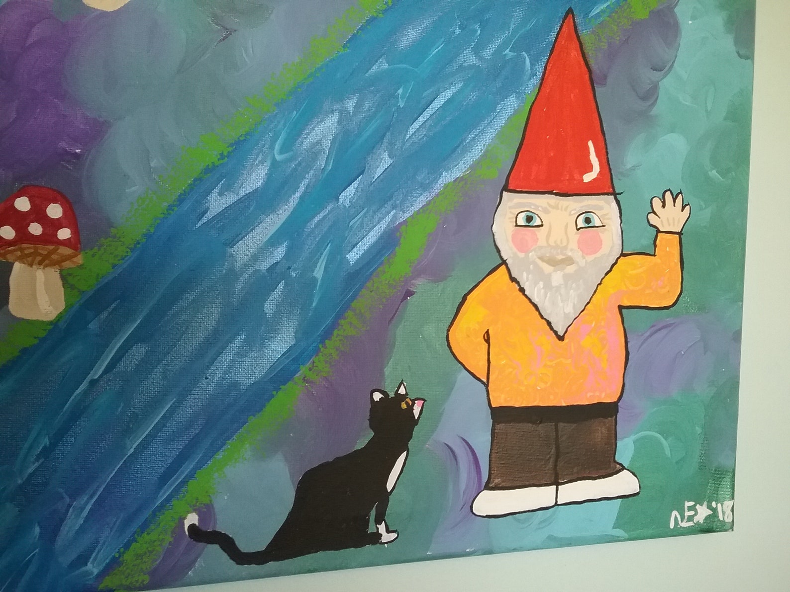 Hippie Gnome Takes His Kitty for a Walk 16x20 | Etsy