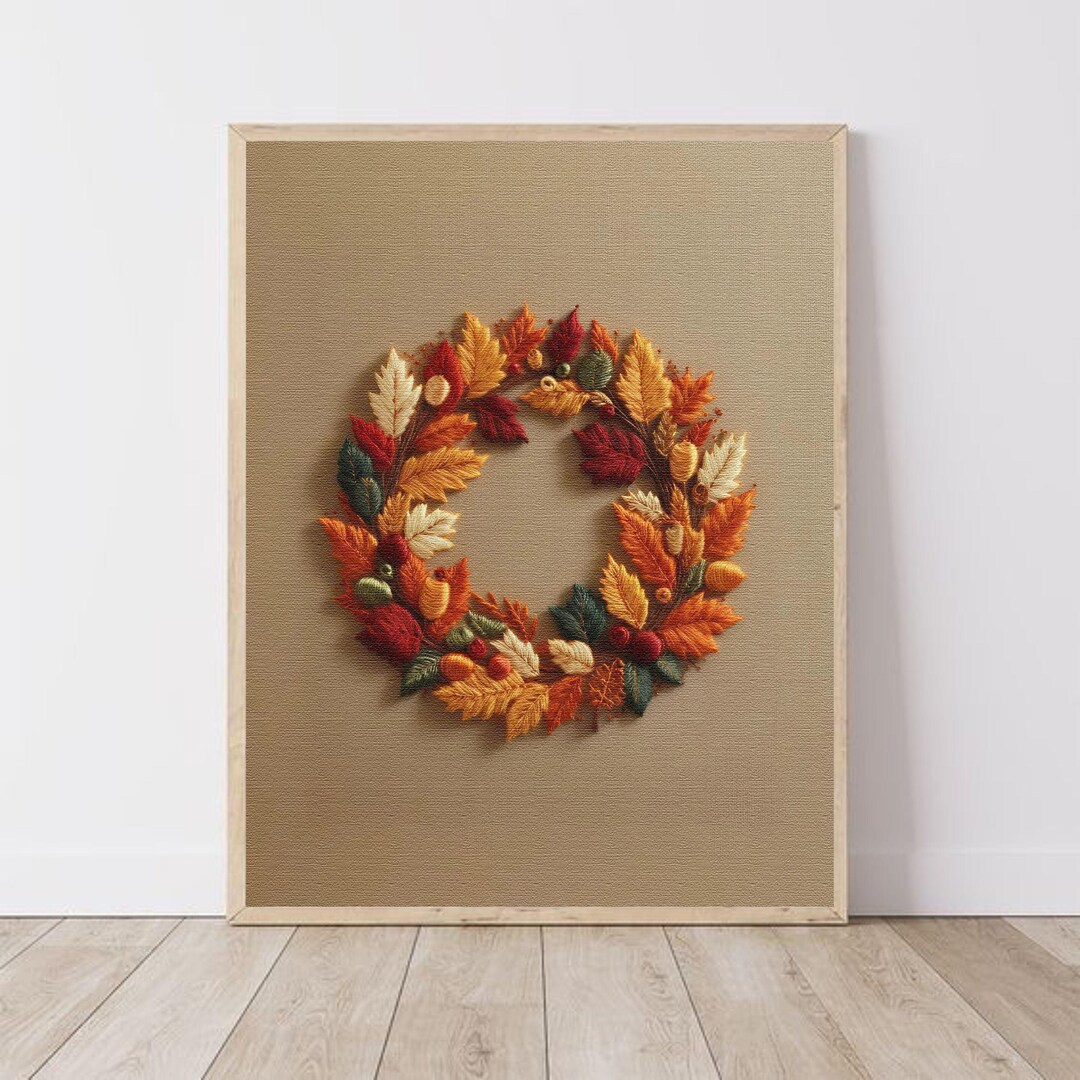 Autumn Leaf Wreath ART PRINT: 3D Embroidered Elegance for Thanksgiving ...