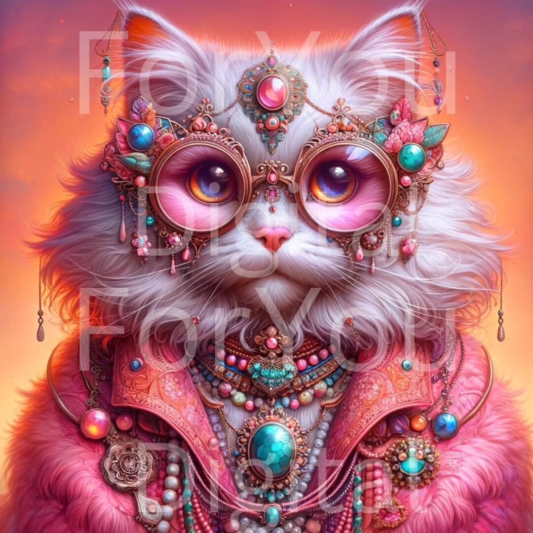 Glam Cat Wall Art – Whimsical Jeweled Feline in Glasses, Pink & Gold ...