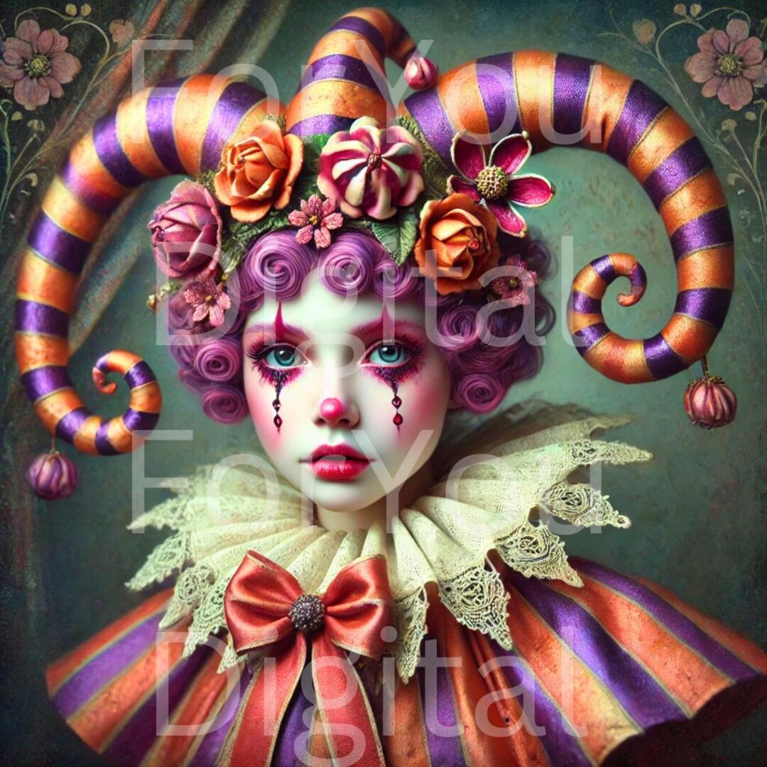 Clown Girl Wall Art – Whimsical Jester Portrait Printable for Fantasy ...