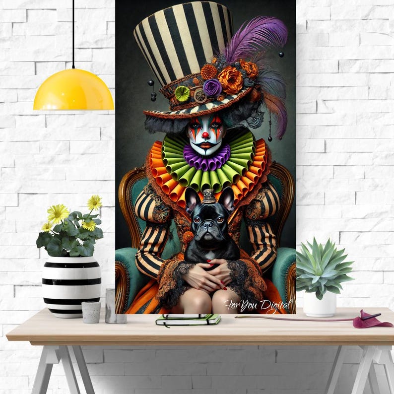 Whimsical Clown and Dog Vintage Canvas With Striped Hat Decor - Etsy