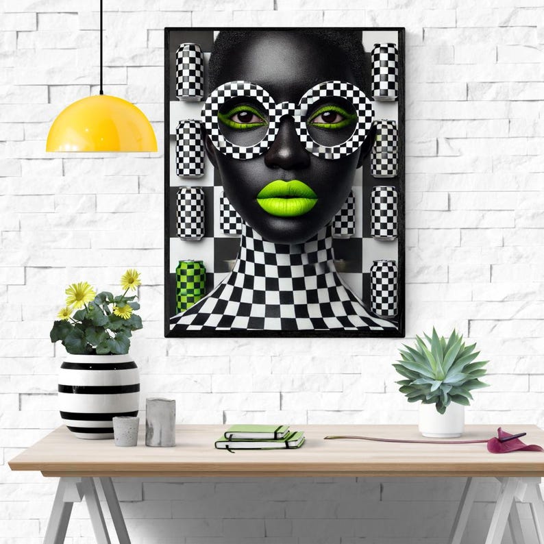 Afrocentric Modern Pop Art: Black & White Checkerboard Print With Neon ...