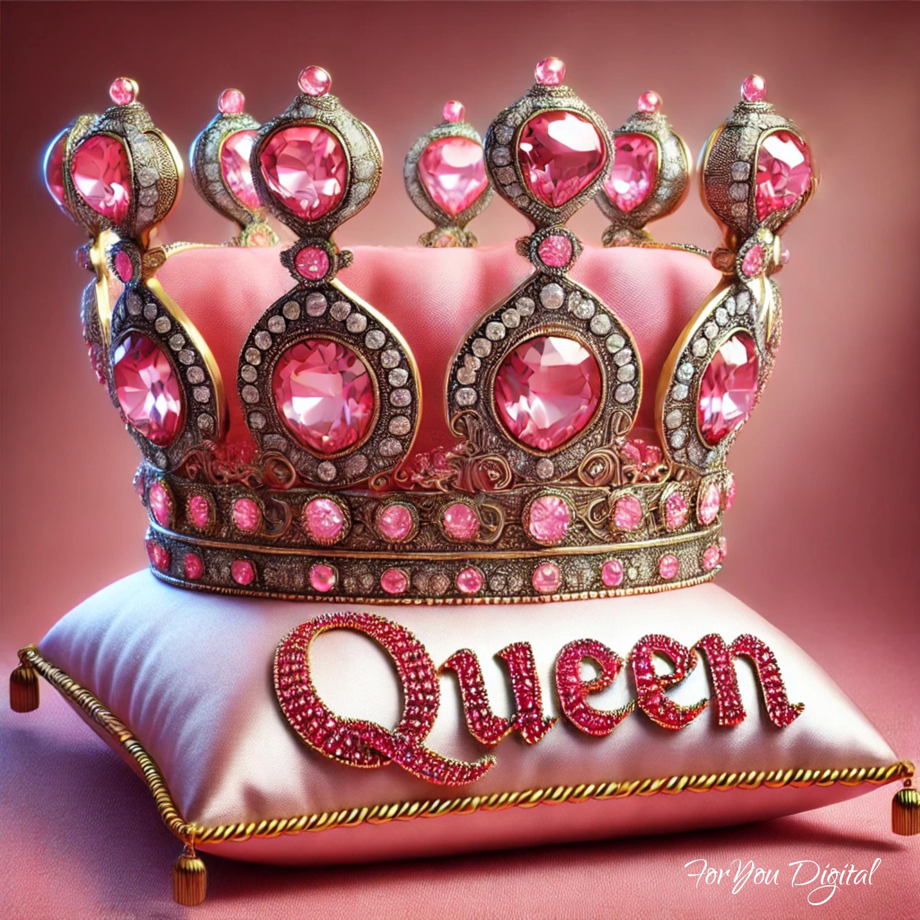 Pink Gemstone Crown Decor – Royal Tiara on Plush Cushion – Queen Themed ...