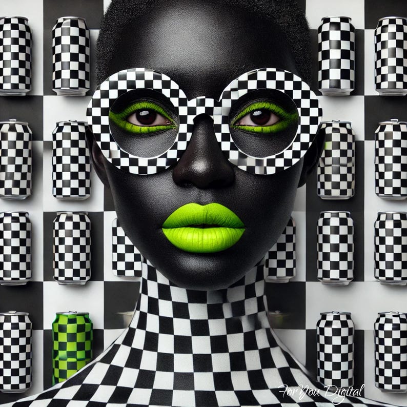 Afrocentric Modern Pop Art: Black & White Checkerboard Print With Neon ...