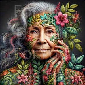Botanical Elder Woman Art – Surreal Floral Portrait Print, Nature ...
