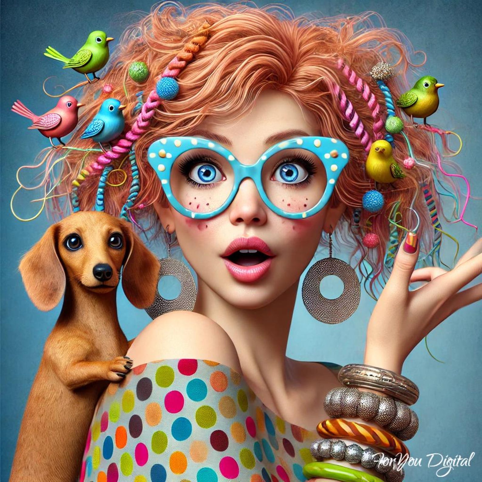 Playful Whimsy: Vibrant Digital Art of Woman With Dachshund and Birds, Instant Download ...