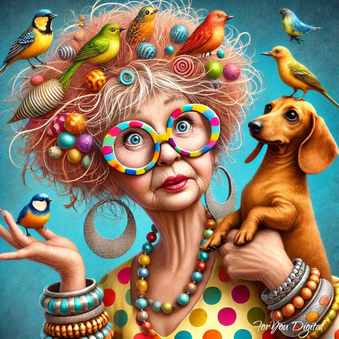 Surprised Grandma, Whimsical Digital Art of Elderly Woman With Birds ...
