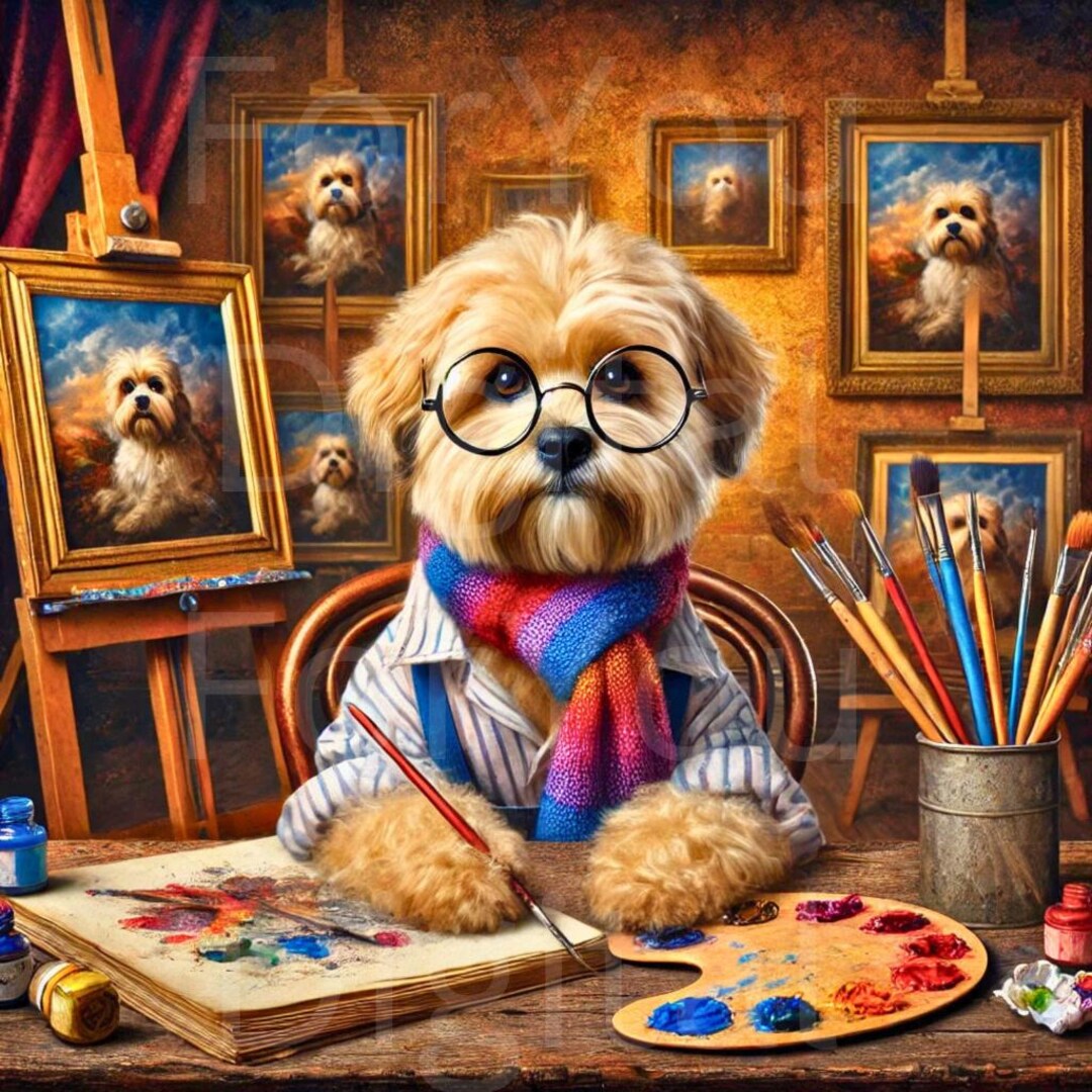 Dog Painter Digital Print: Cute Puppy With Glasses Creating Self ...