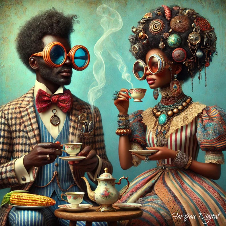 Afro-modern Retro Tea Party Portraits, African American Art, Whimsical ...