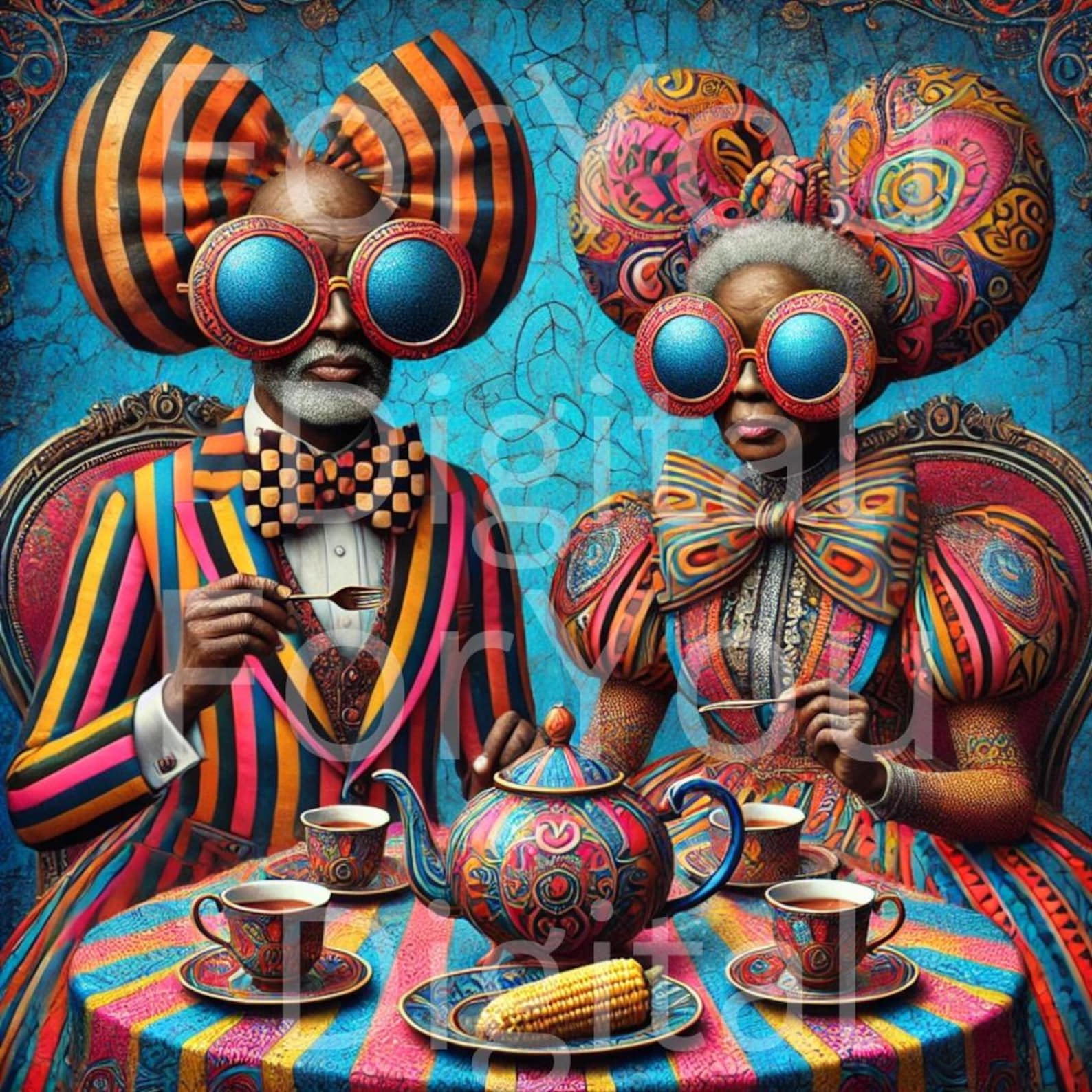 Vibrant African Tea Party Portrait - Surreal Wall Art With Bold ...