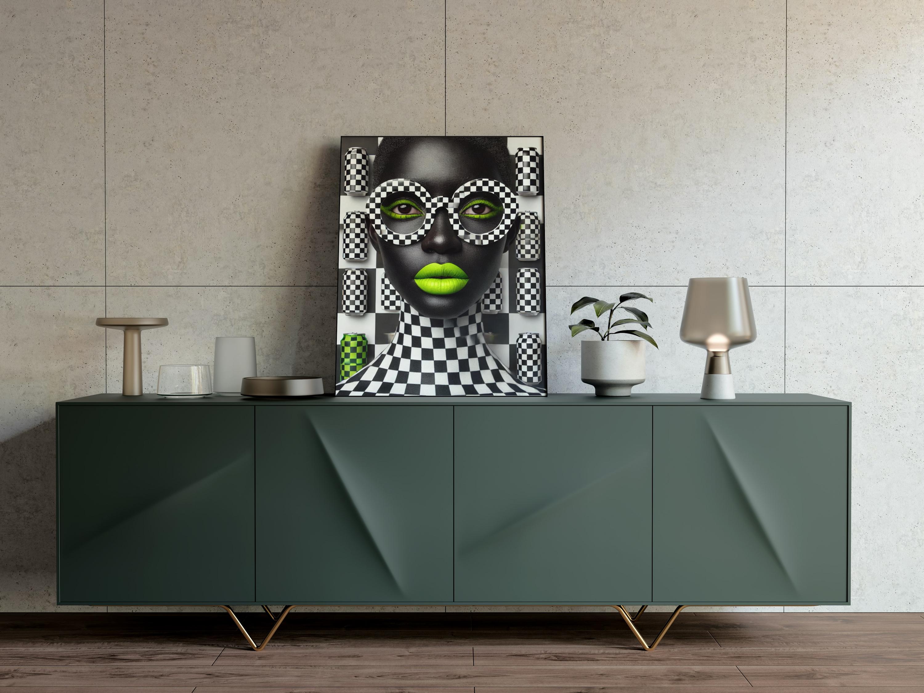 Afrocentric Modern Pop Art: Black & White Checkerboard Print With Neon ...
